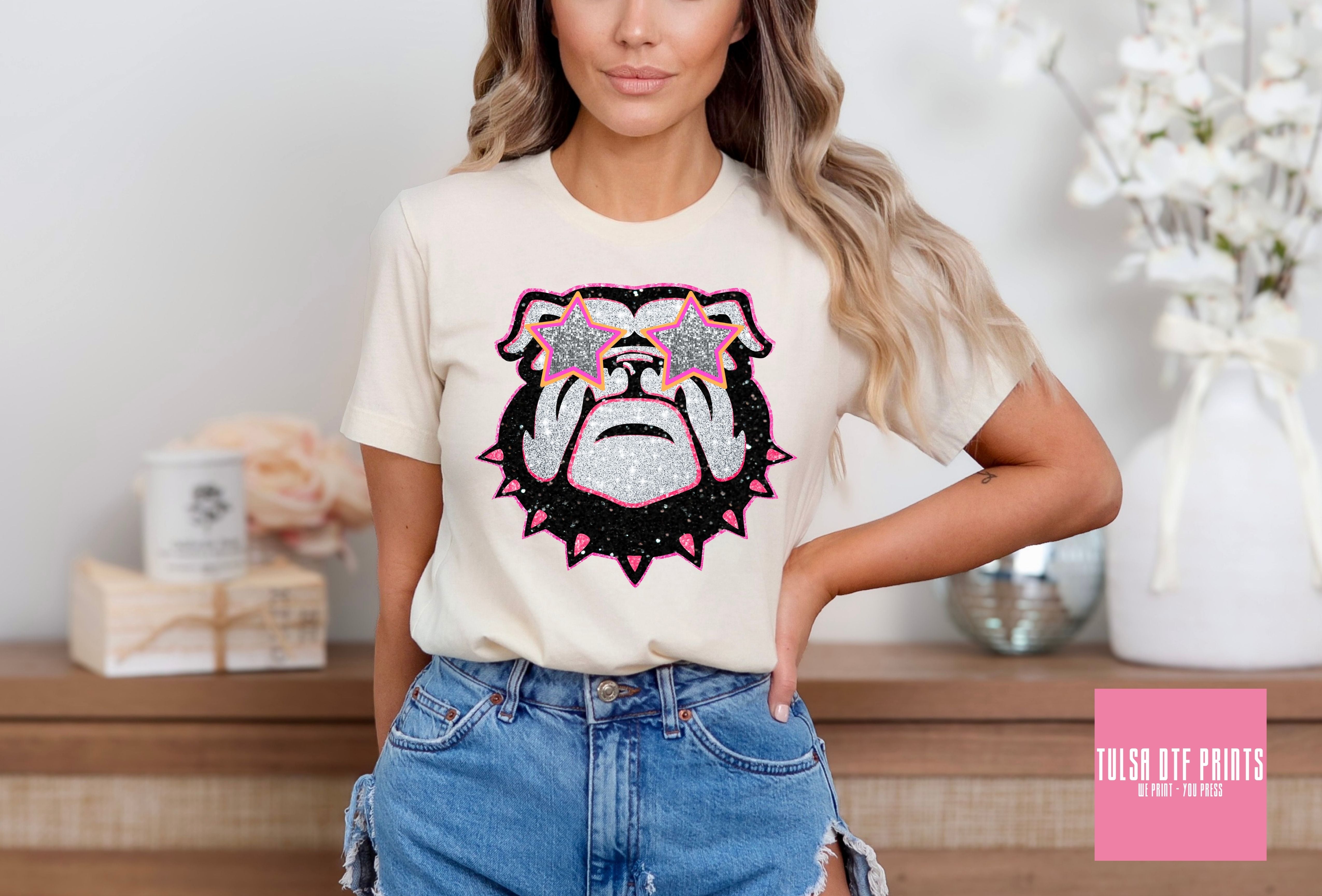 DTF PINK SPARKLY BULLDOG FAUX GLITTER TRANSFER – Tulsa DTF Prints