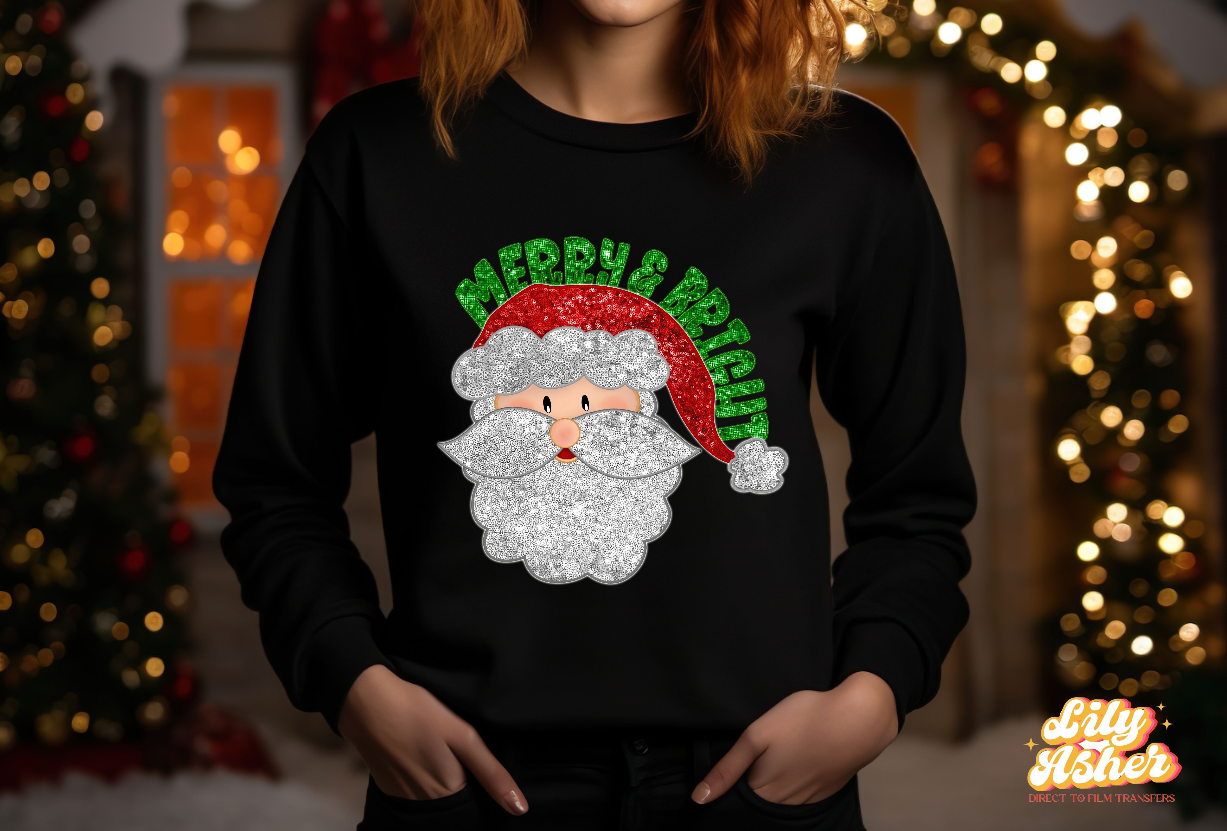 DTF MERRY AND BRIGHT SANTA FAUX EMBROIDERY SEQUIN TRANSFER – Tulsa DTF Prints