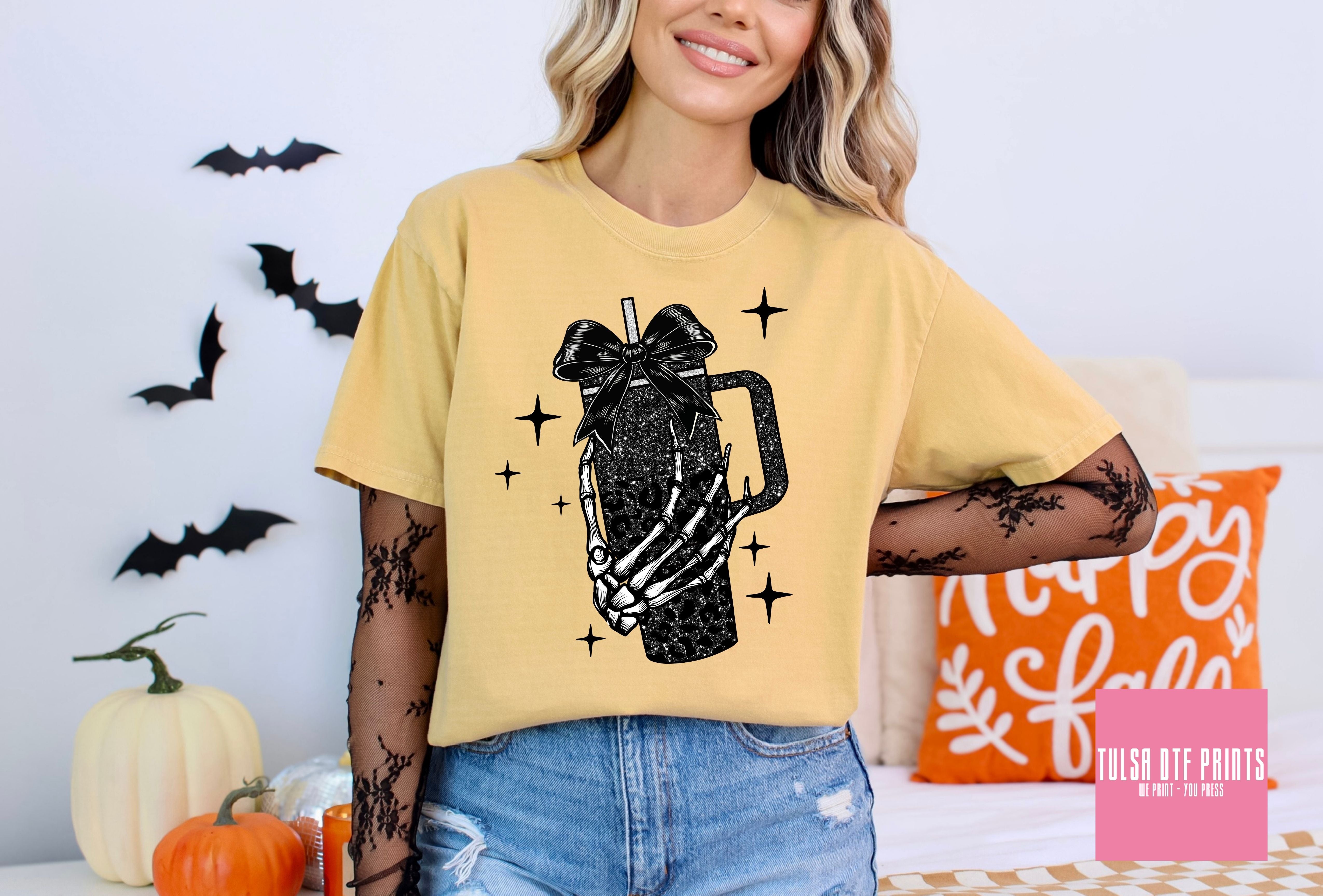 DTF SKELETON HAND W/ TUMBLER FAUX GLITTER TRANSFER – Tulsa DTF Prints