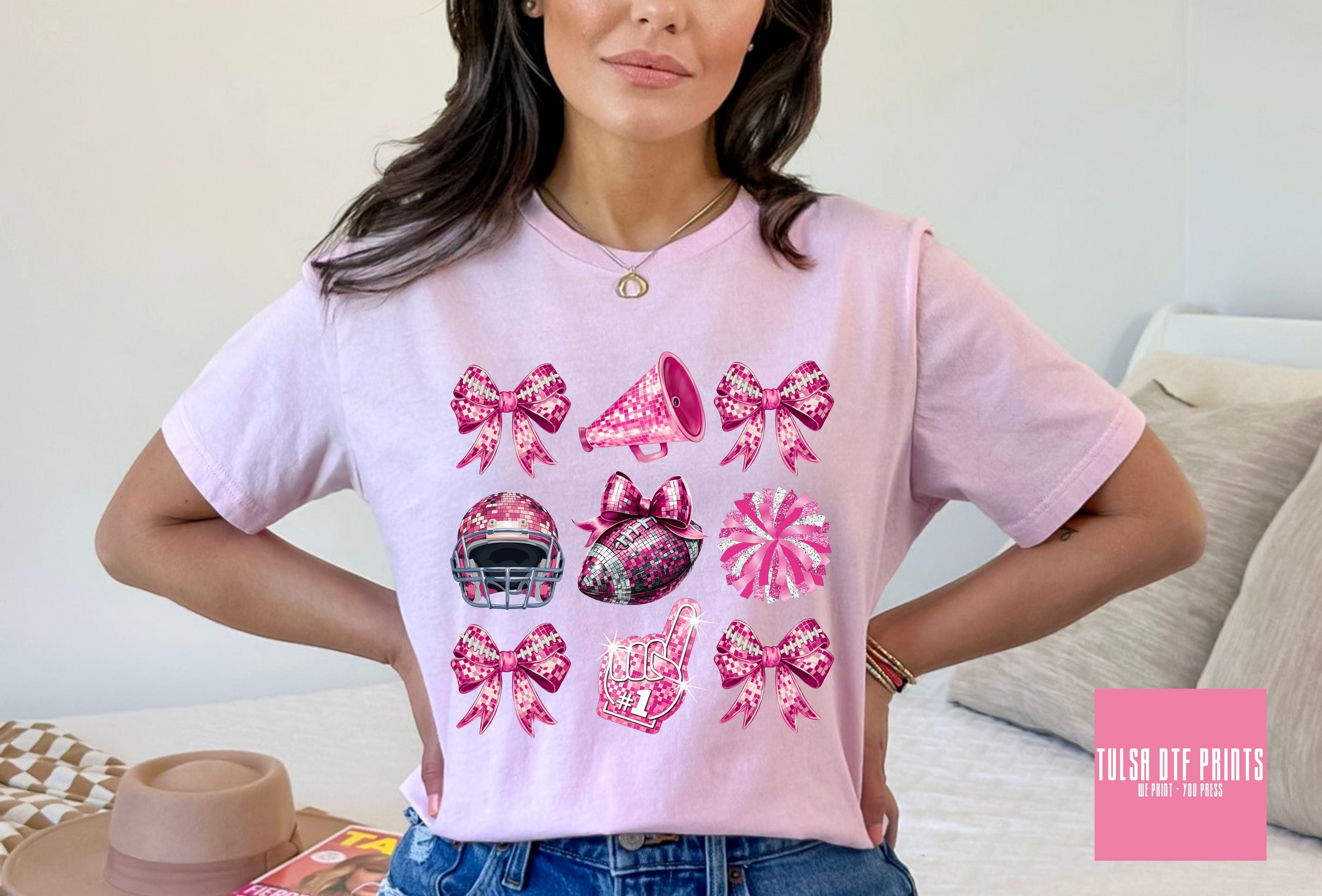 DTF PINK FOOTBALL COLLAGE FAUX GLITTER TRANSFER – Tulsa DTF Prints