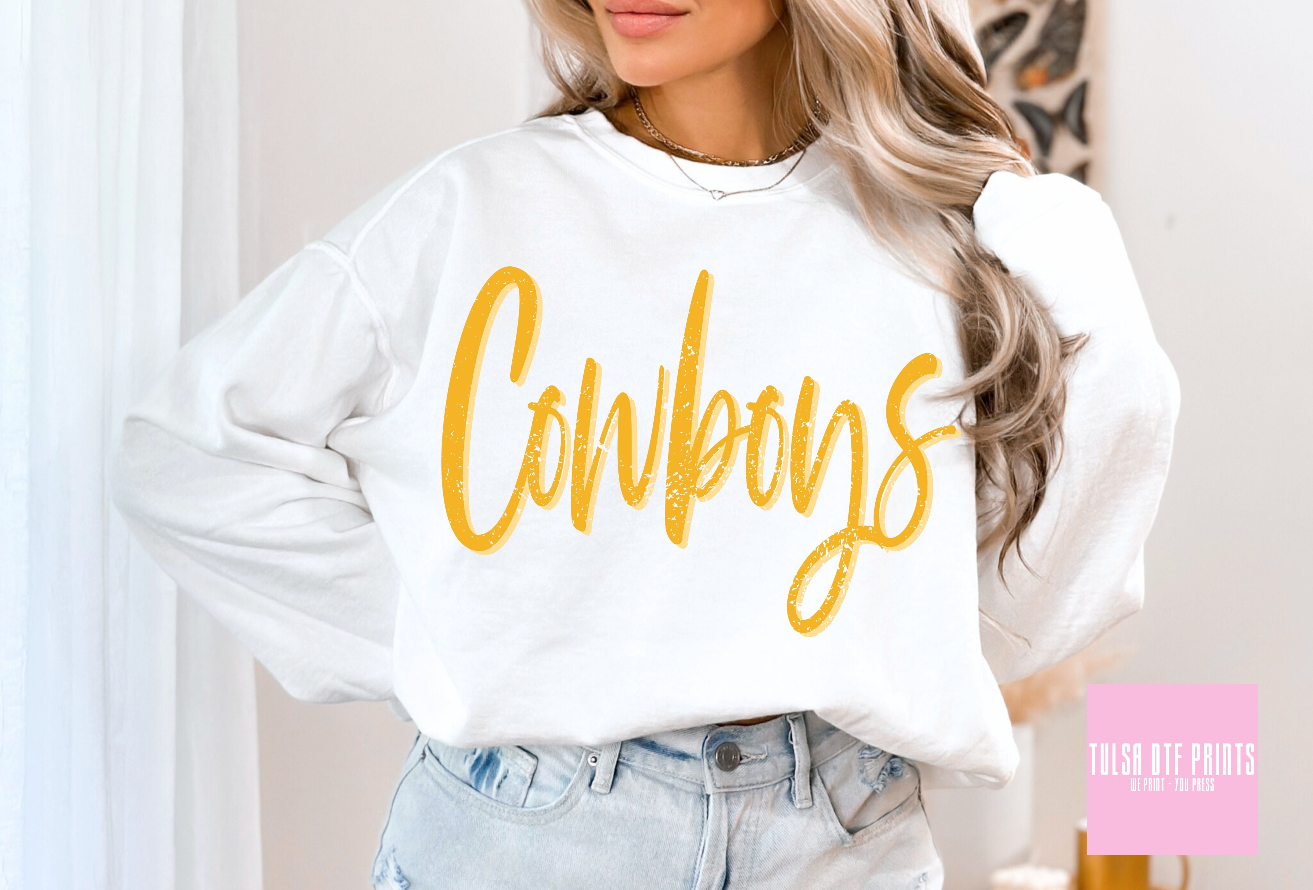 DTF COWBOYS YELLOW CURSIVE SHADOW GAME DAY TRANSFER – Tulsa DTF Prints