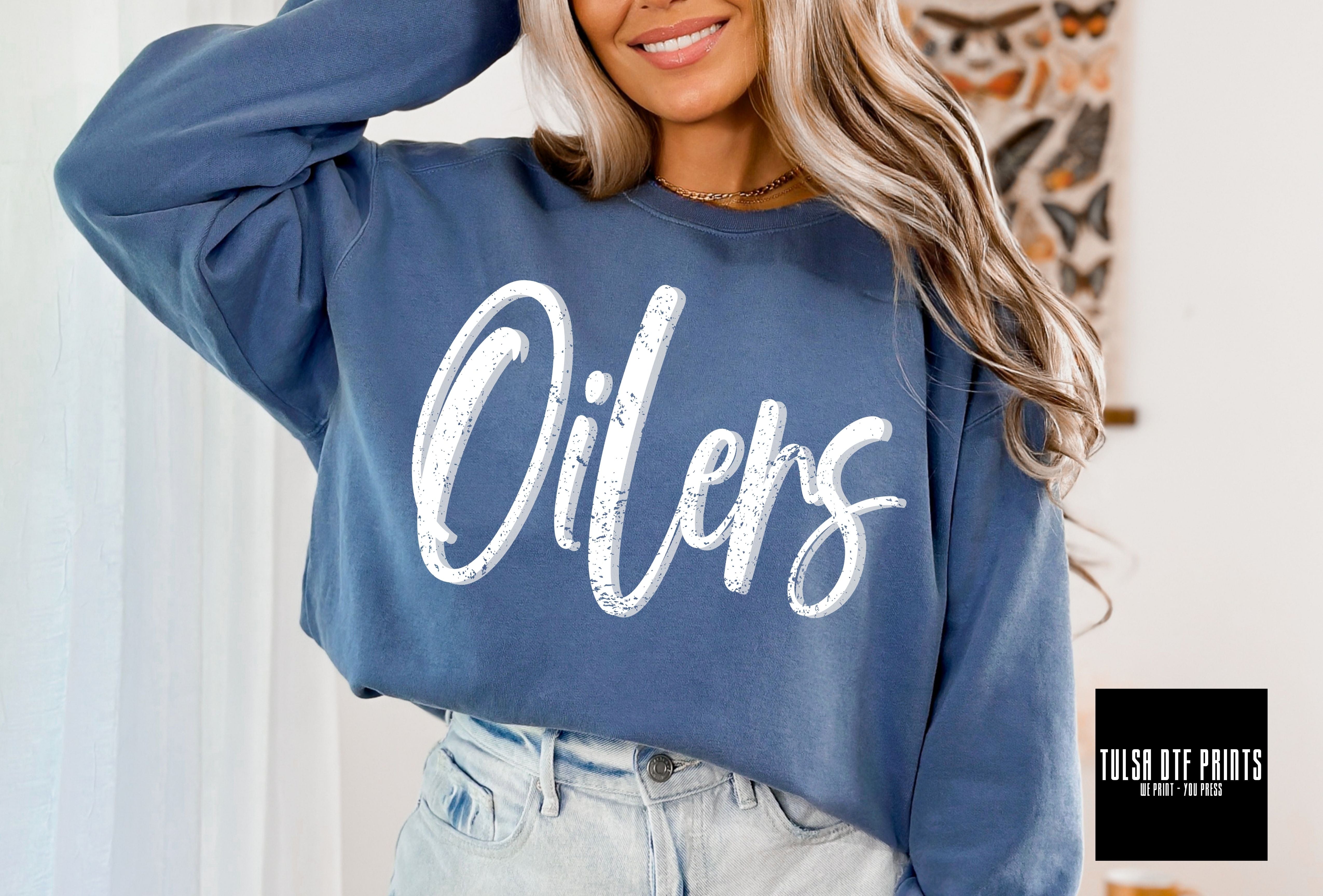 DTF OILERS CURSIVE SHADOW GAME DAY TRANSFER – Tulsa DTF Prints