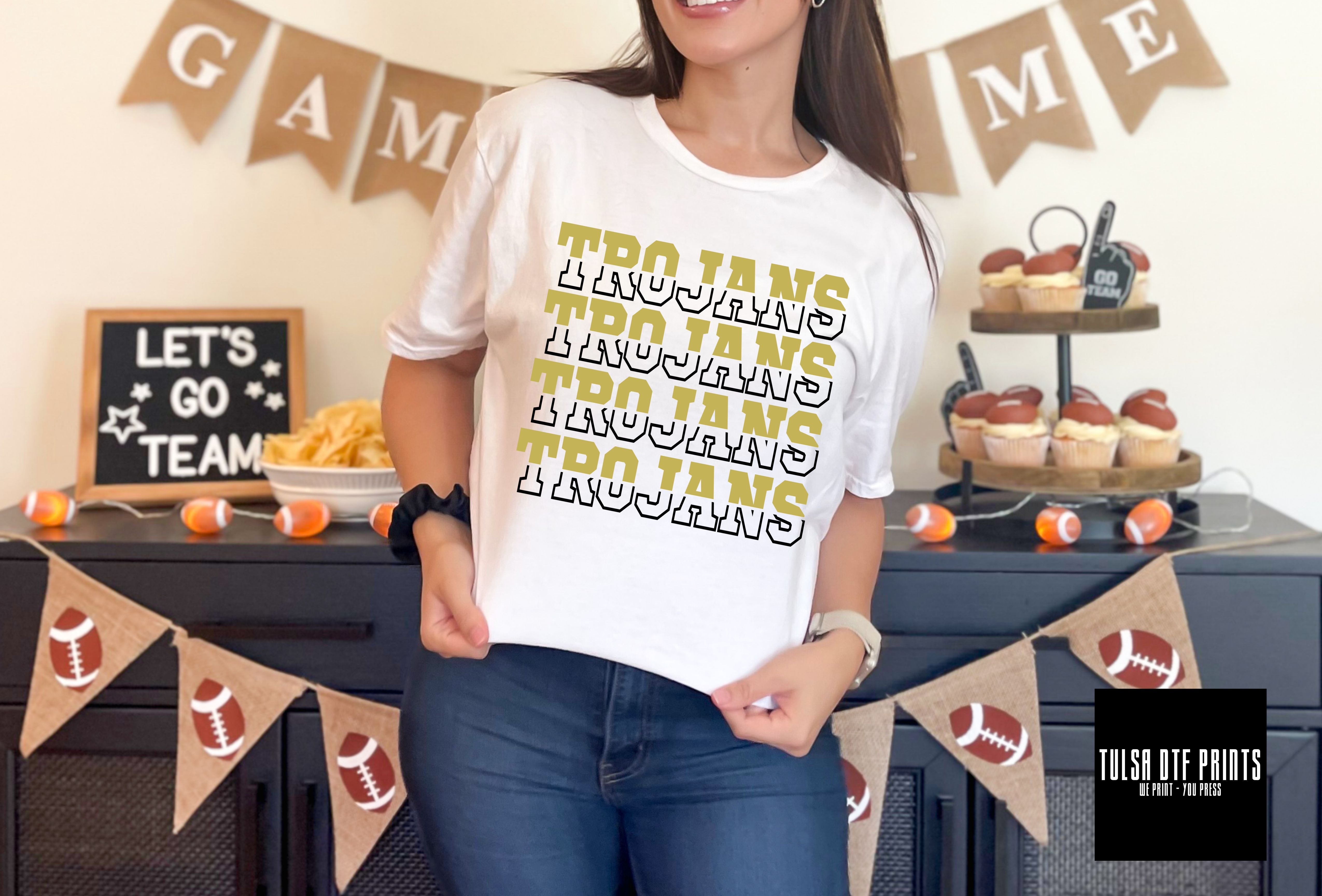 DTF TROJANS VEGAS GOLD/BLACK SPLIT FONT GAME DAY TRANSFER – Tulsa DTF ...