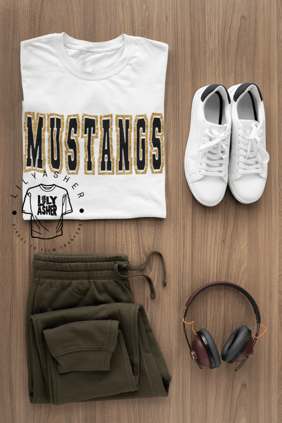 DTF MUSTANGS BLACK/GOLD VARSITY TRANSFER – Tulsa DTF Prints
